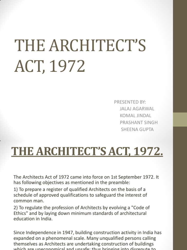 The Architect'S ACT, 1972: Presented By: Jalaj Agarwal Komal Jindal ...