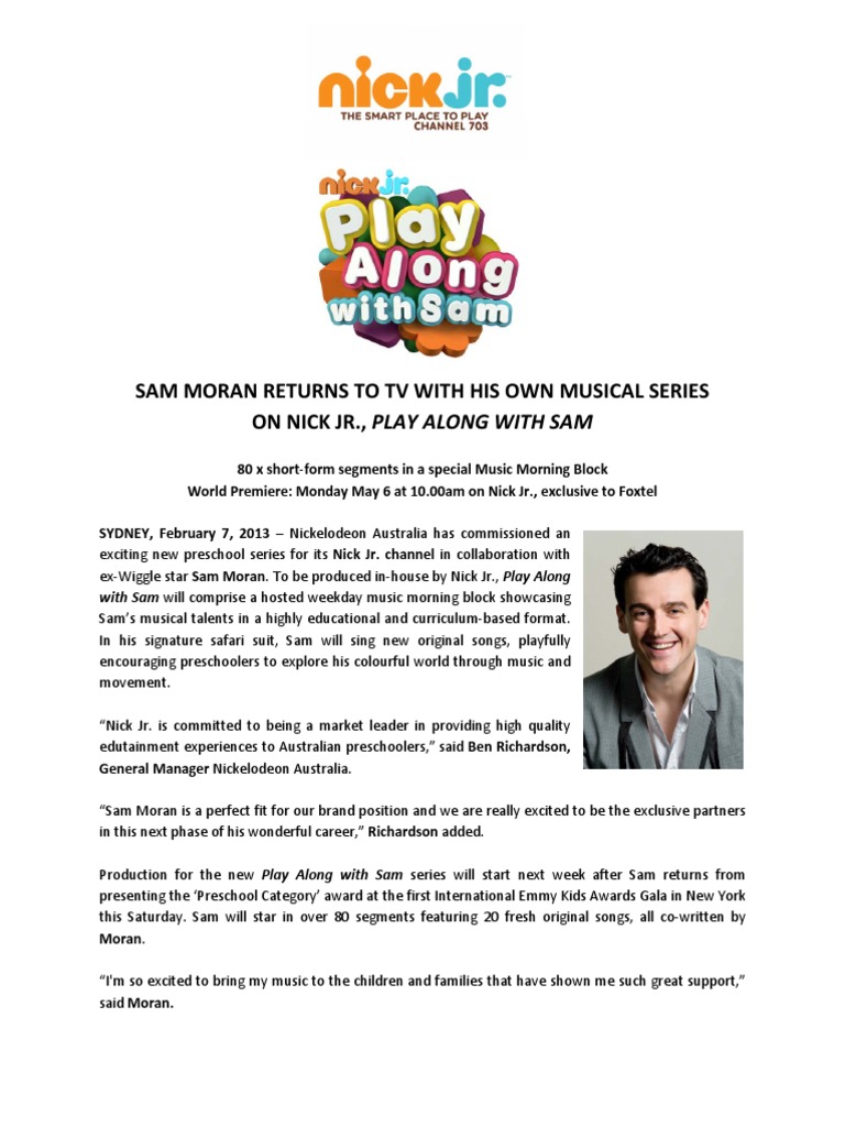 Sam Moran Returns To TV With His Own Musical Series On Nick JR., Play ...