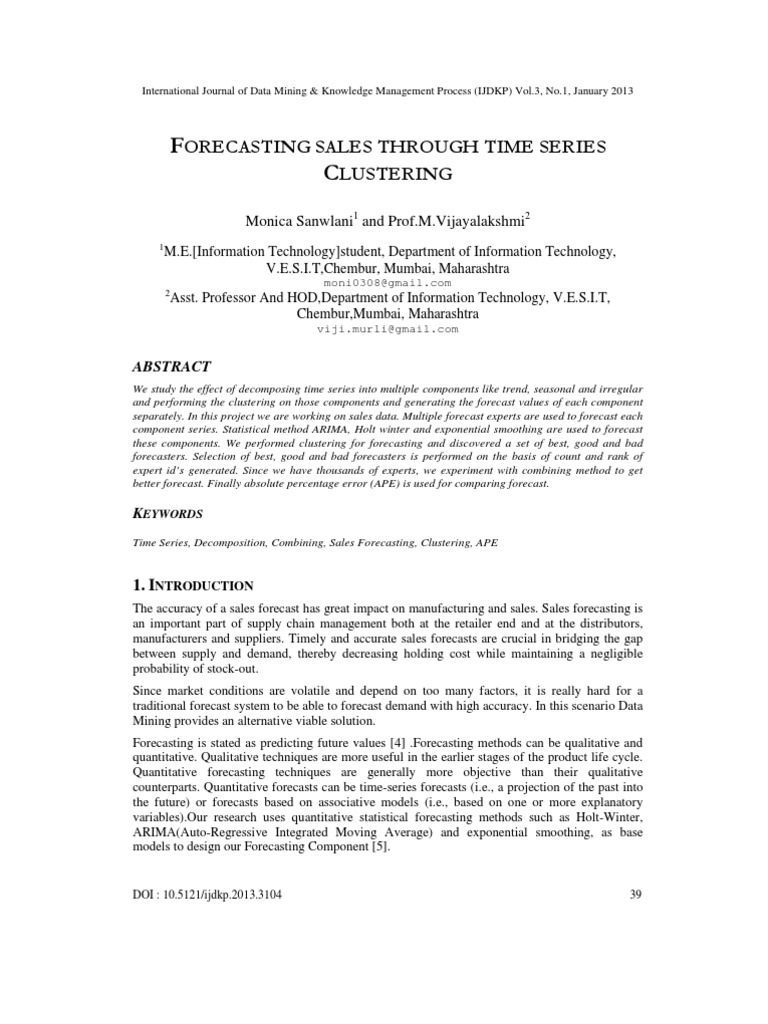Forecasting Sales Through Time Series Clustering Pdf Autoregressive Integrated Moving