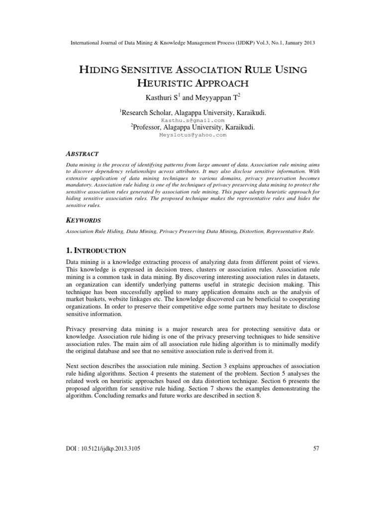 Hiding Sensitive Association Rule Using Heuristic Approach | PDF | Data Mining | Information ...