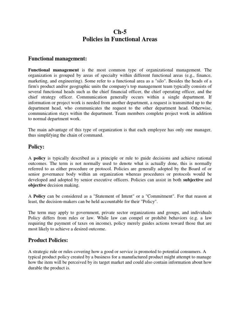 Ch-5 Policies in Functional Areas | PDF | Policy | Product (Business)