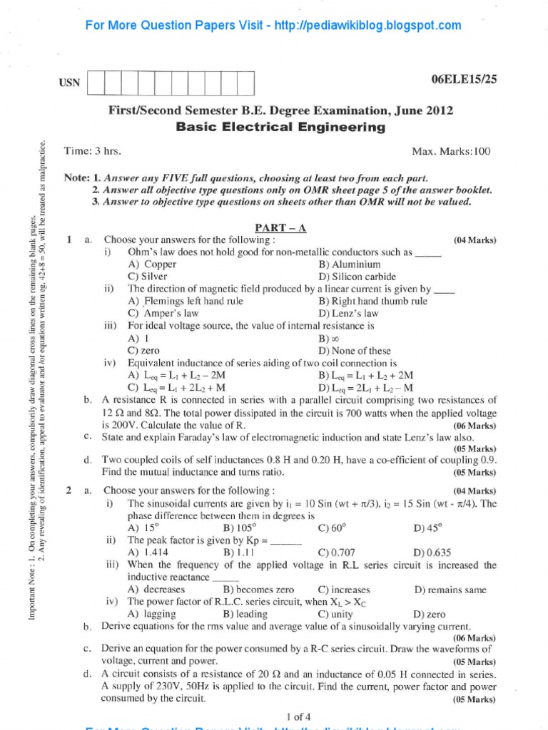 Basic Electrical Engineering Exam Paper | PDF | Inductance | Series And ...