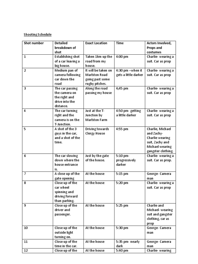 Film Shooting Schedule Breakdown | PDF