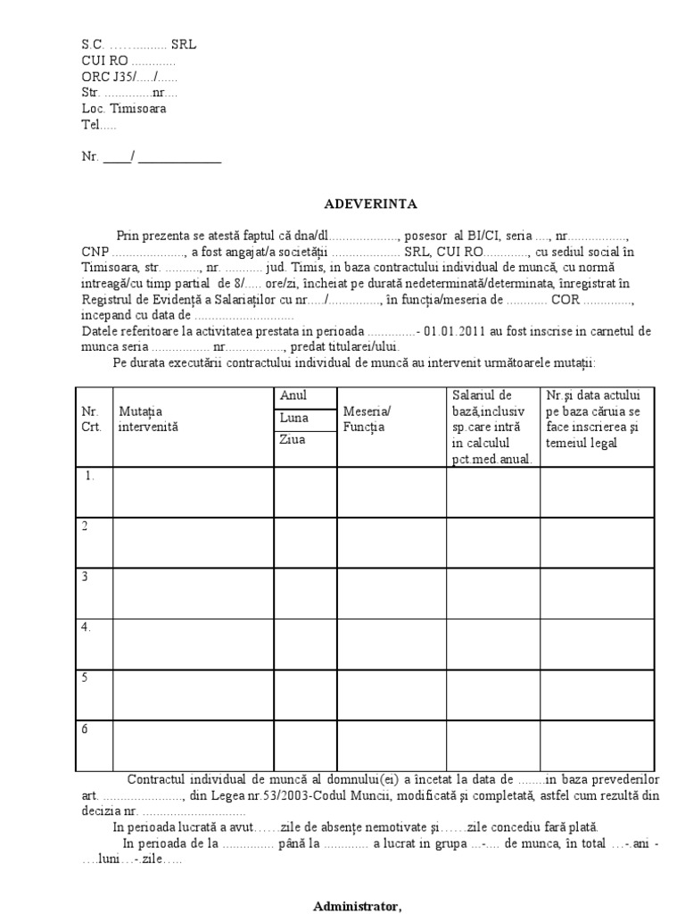 Model Adeverinta Vechime Pdf – Adeverinta de vechime model 2021