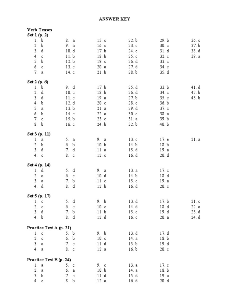Answer Key Verb Tenses Set 1 (P. 2) | PDF | Syntax | Syntactic Relationships
