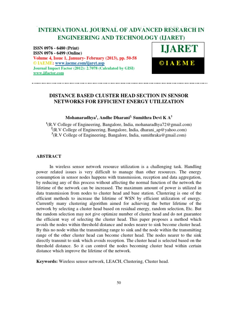 Distance Based Cluster Head Section in Sensor Networks For Efficient Energy Utilization | PDF ...