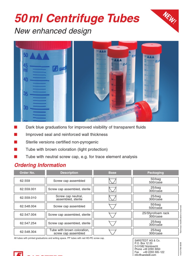 Sarstedt 50ml Centrifuge Tubes Overview | PDF