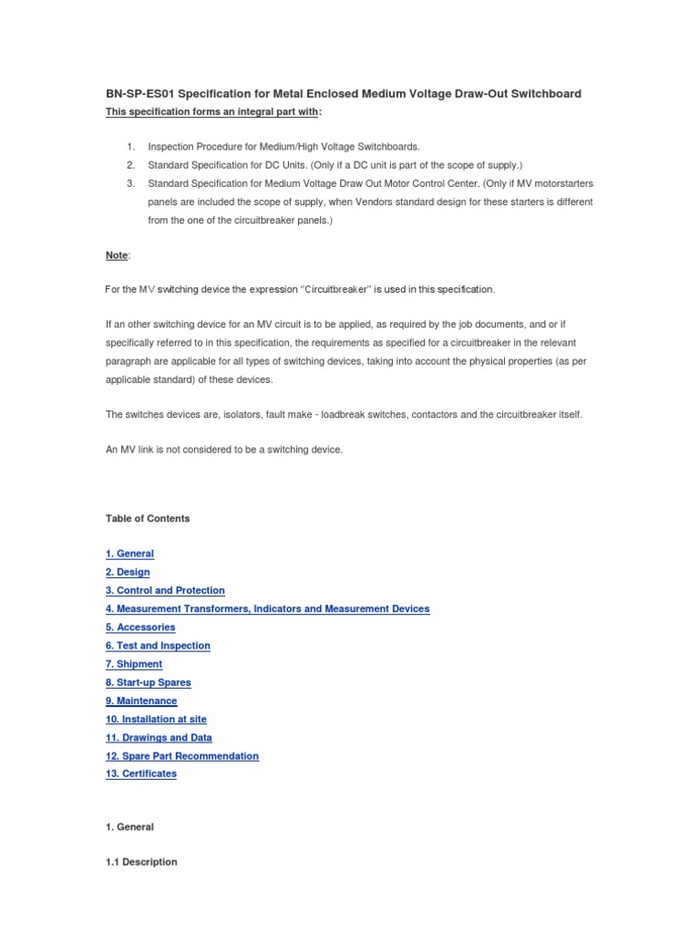 Specification For MV MCC | PDF | Electrical Connector | Fuse (Electrical)