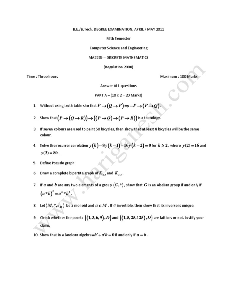 Discrete Mathematics Question Paper | Download Free PDF | Group ...