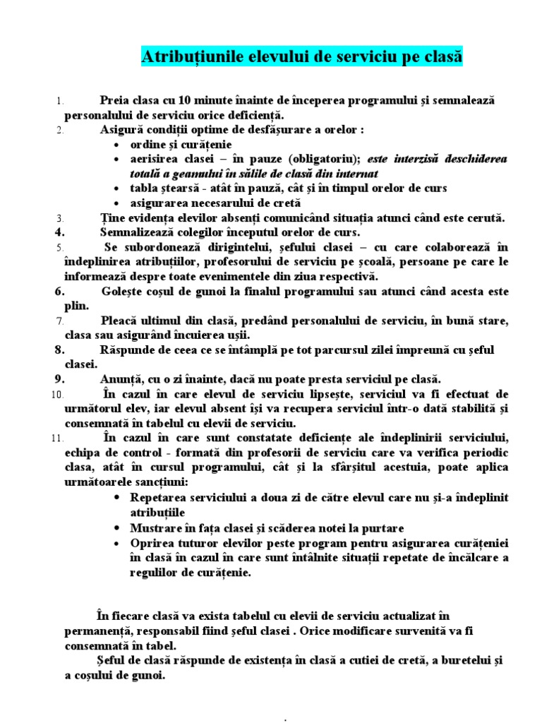 Atributiile - Elevului.serviciu in Clasa | PDF