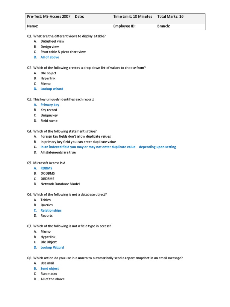 MS-Access 2007 Pre-Test | PDF | Table (Database) | Microsoft Access