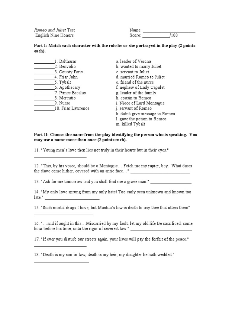 Romeo and Juliet Test-Honors | PDF | Characters In Romeo And Juliet | Plays