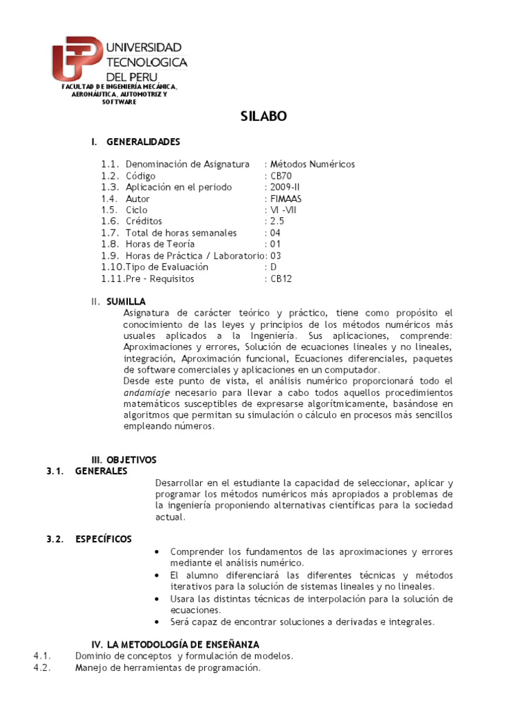Silabo - Metodos Numericos | PDF | Análisis numérico | Ecuaciones