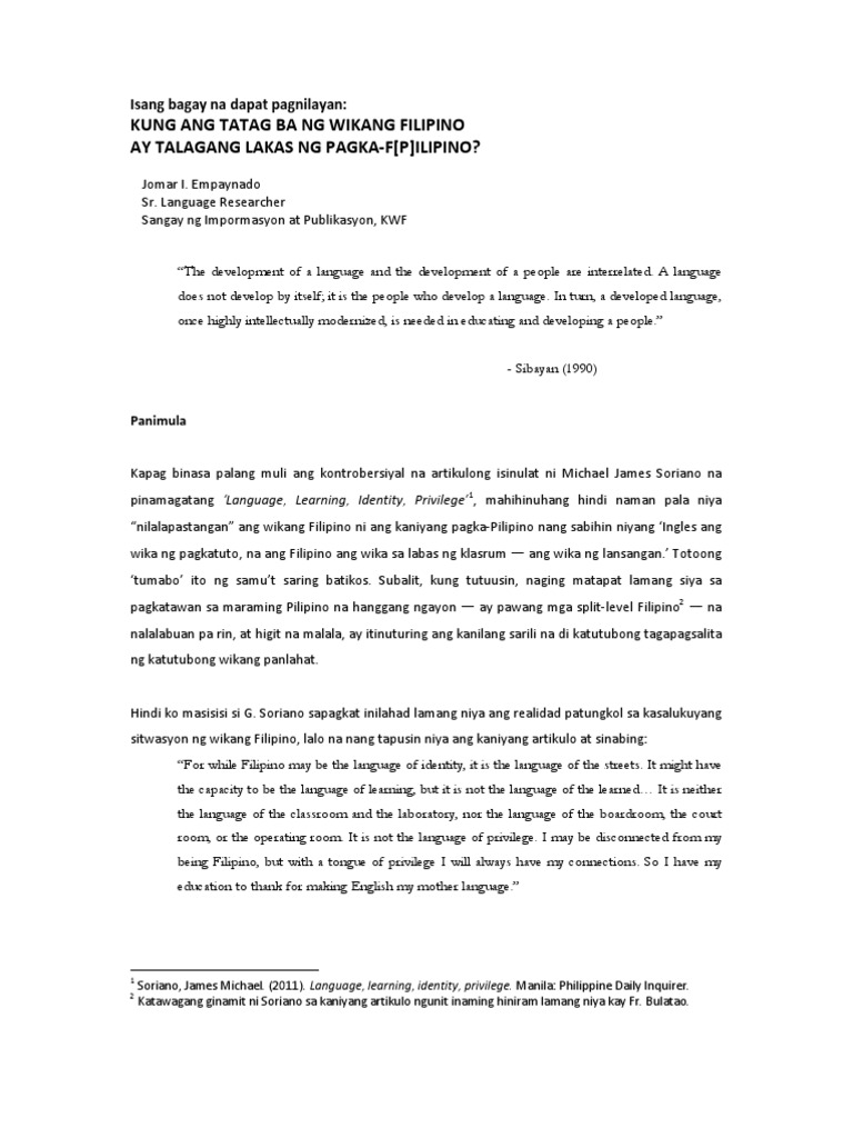 Position Paper Tatag NG Wikang Filipino1 | PDF