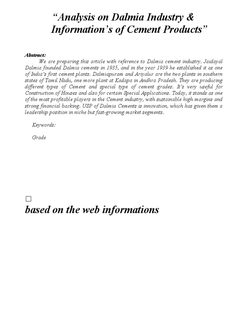 A Study On Dalmia Cement | PDF | Innovation | Cement