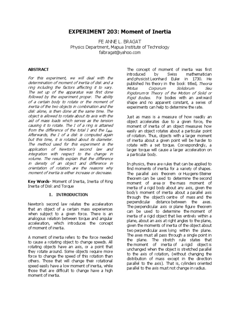 Experiment 203 Fe Anne | PDF | Rotation Around A Fixed Axis | Inertia