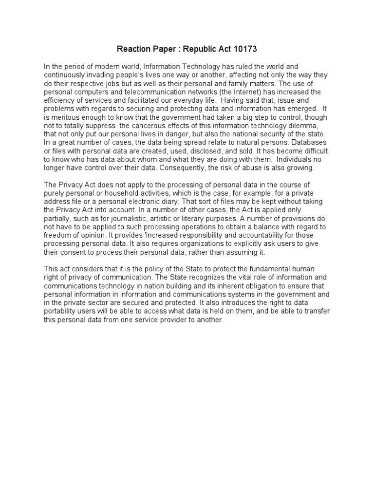 Reaction Paper: Republic Act 10173 | PDF | Personally Identifiable ...