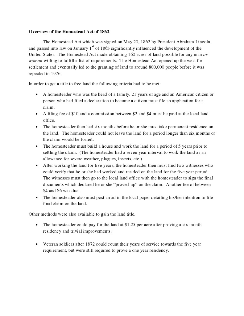 Overview of the Homestead Act | PDF