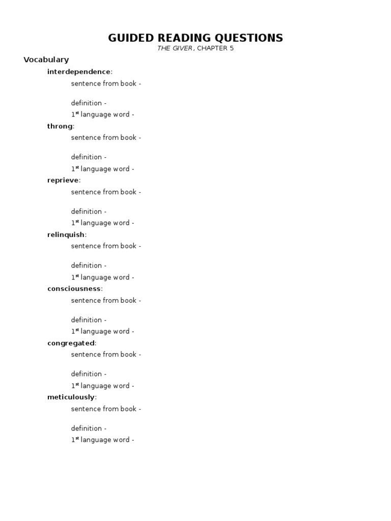 The Giver, Chapter 6 - Guided Reading Questions