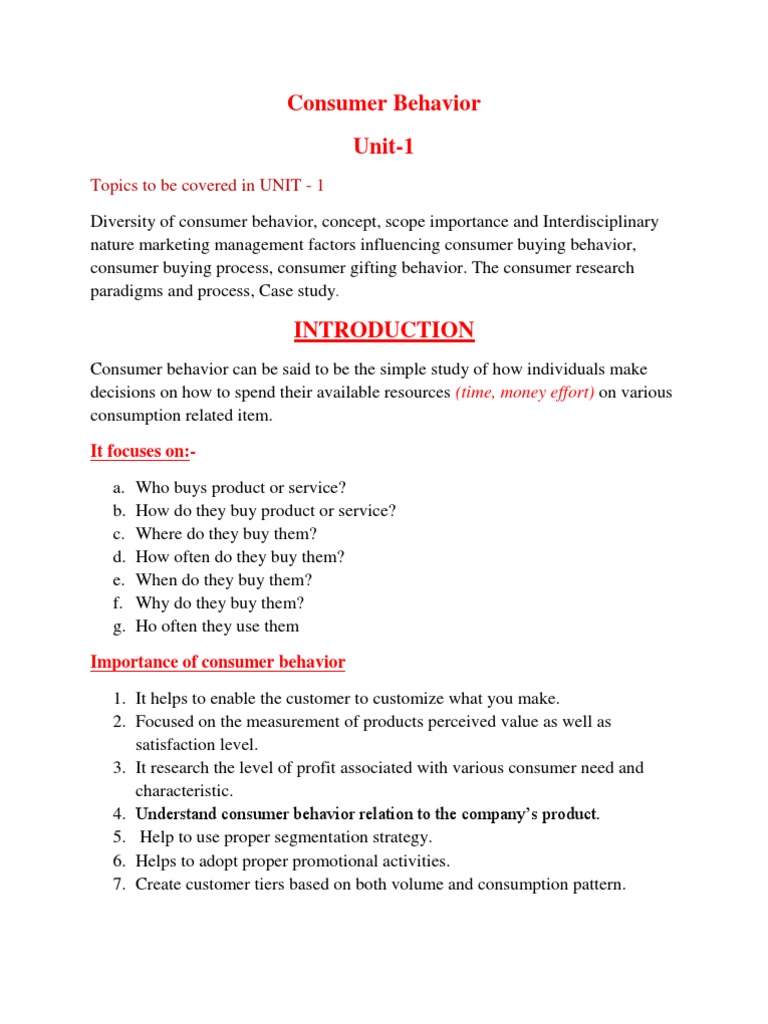 Consumer Behavior Unit-1: Topics To Be Covered in UNIT - 1 | PDF ...