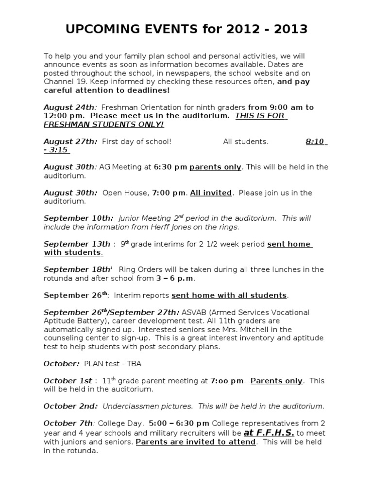Upcoming Events Summer Letter 2012 | PDF | Sat | Secondary School