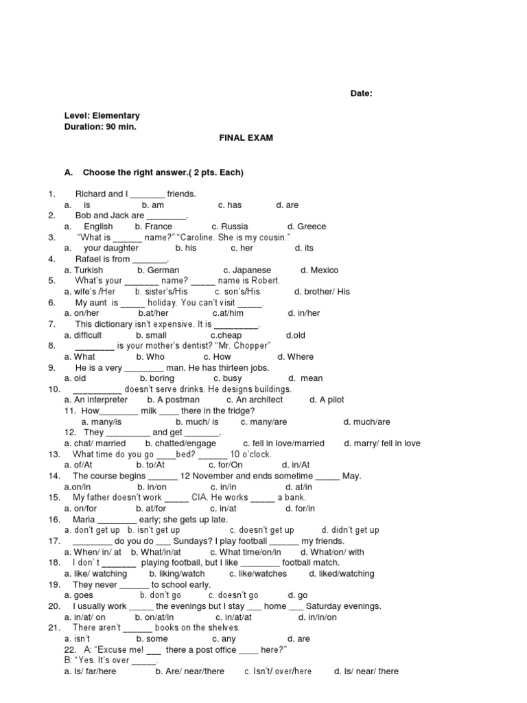 Elementary Level Final Test | PDF