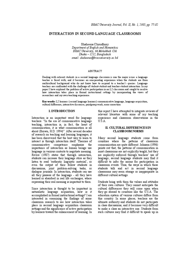 Interaction in Second Language Classrooms | PDF | Second Language | Teachers
