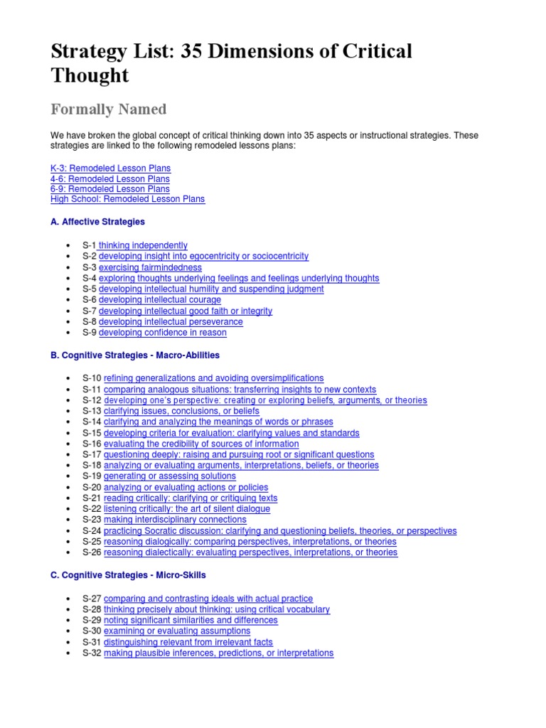 Critical Thinking Strategy List Source: HTTP://WWW - Criticalthinking ...