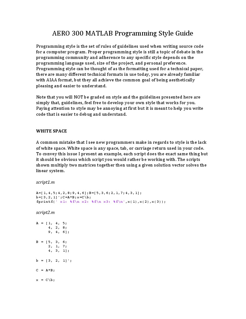 AERO 300 MATLAB Programming Style Guide: White Space | PDF | Variable (Mathematics) | Letter Case