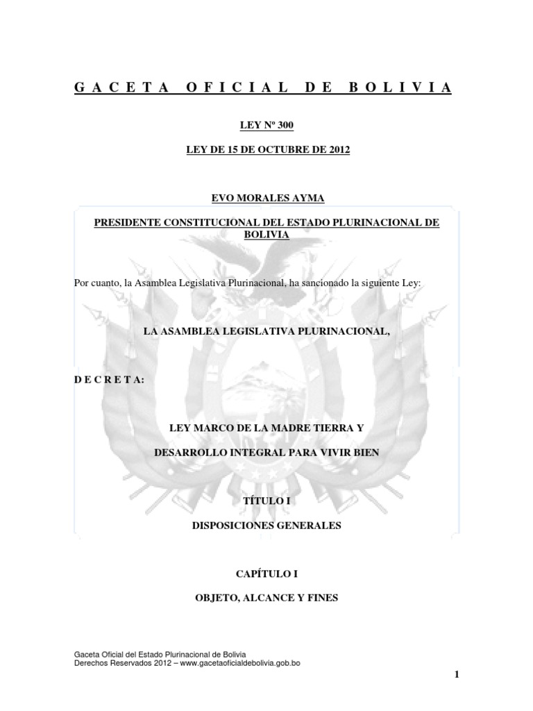 Ley 300 Ley Marco de La Madre Tierra y Desarrollo Integral para Vivir ...