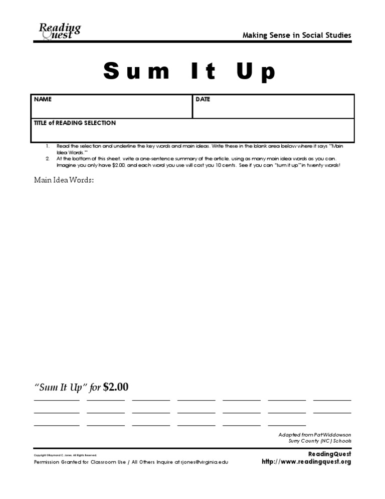 "Sum It Up" Summarizing Strategy | PDF