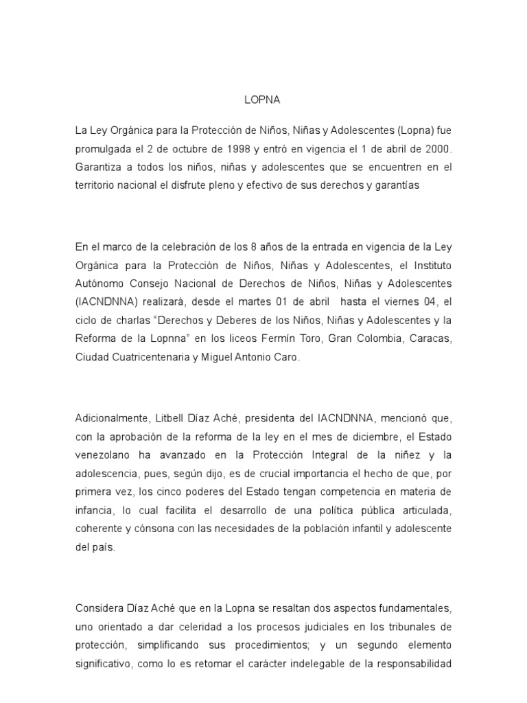LOPNA: Protección Integral de Niños en Venezuela | PDF | Venezuela ...
