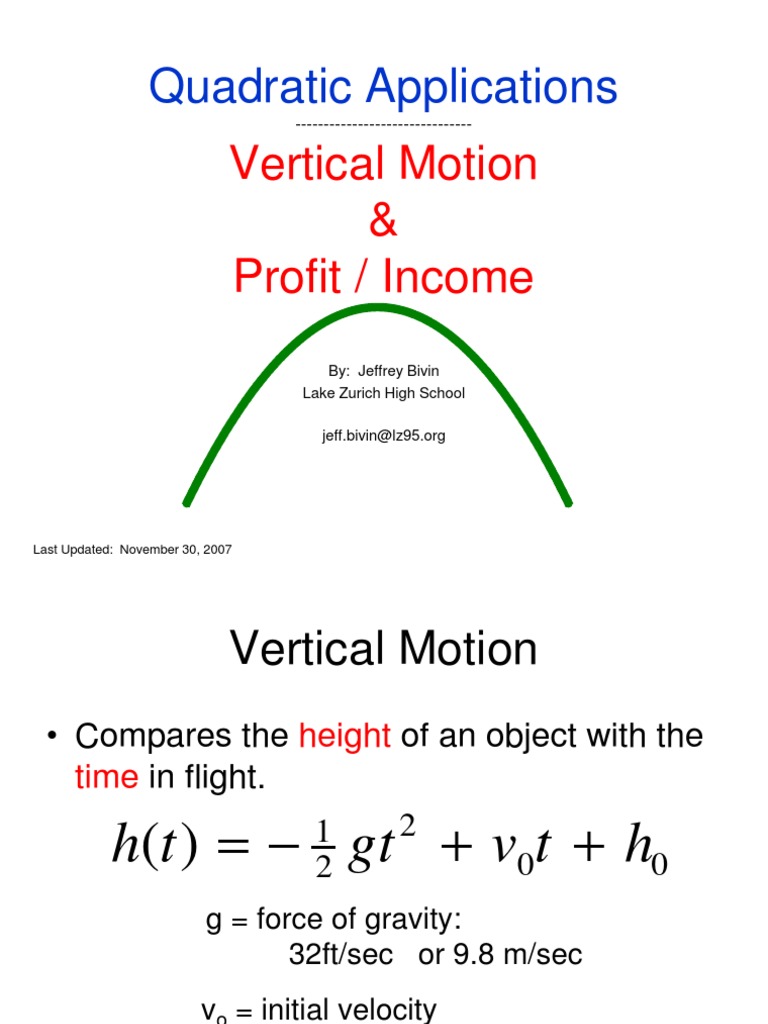 Quadratic Applications: Vertical Motion & Profit / Income | PDF ...