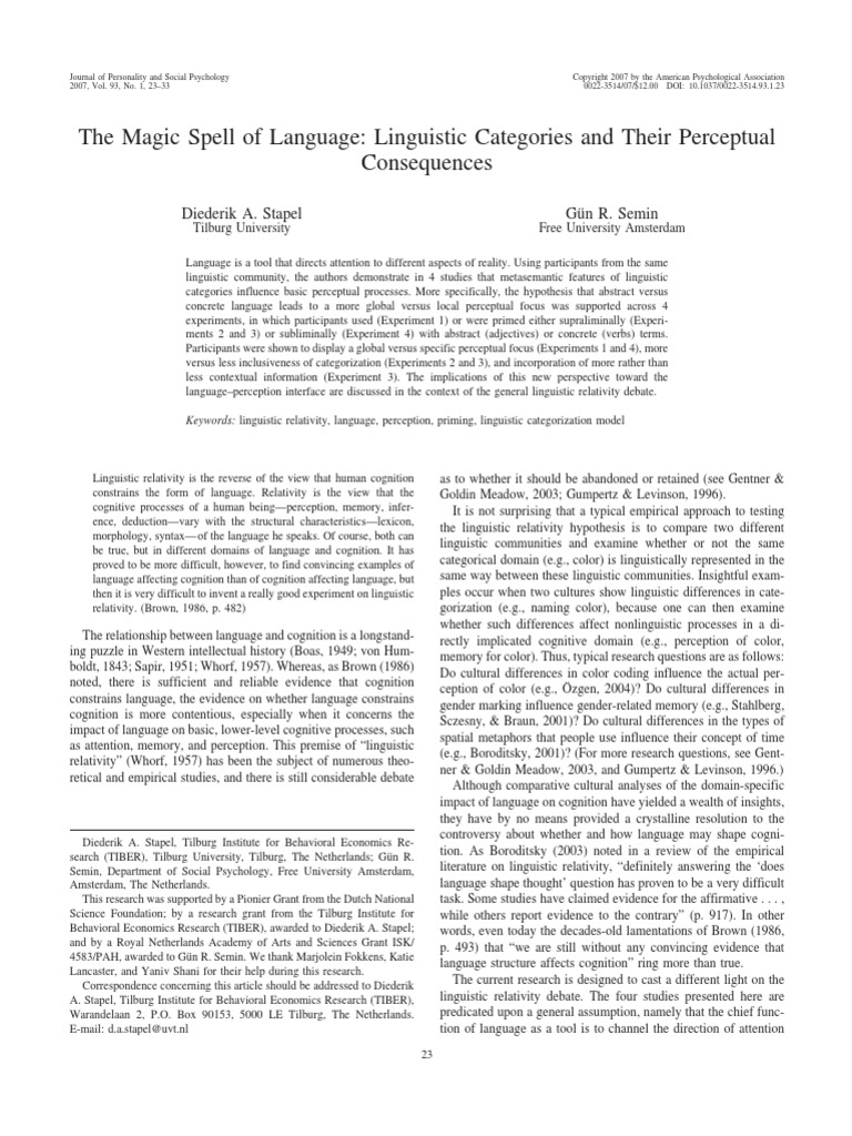 The Magic Spell of Language Linguistic Categories and Their Perceptual ...
