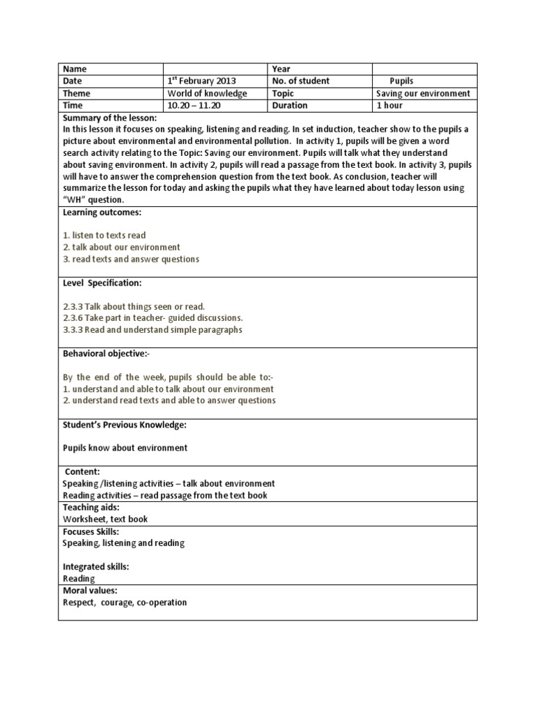 Lesson Plan 1 Feb 2013 5 Delta | PDF | Reading Comprehension | Teaching