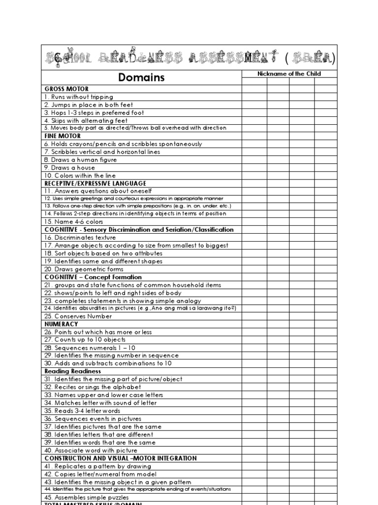 School Readiness Assessment | PDF | Sequence | Mental Processes