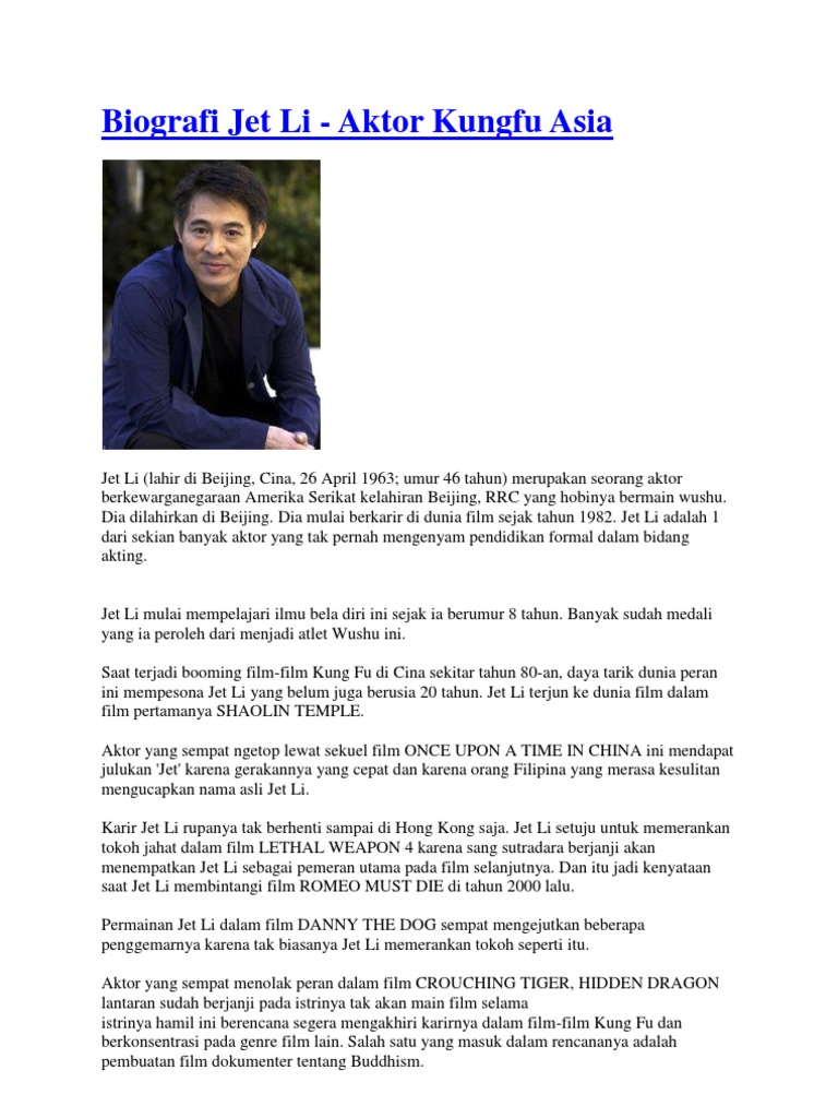 Biografi Jet Li: Aktor Kungfu Legendaris | PDF