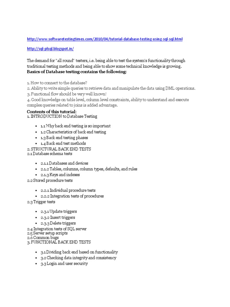 Basics Of Database Testing Contains The Following Pdf Databases Sql 9494