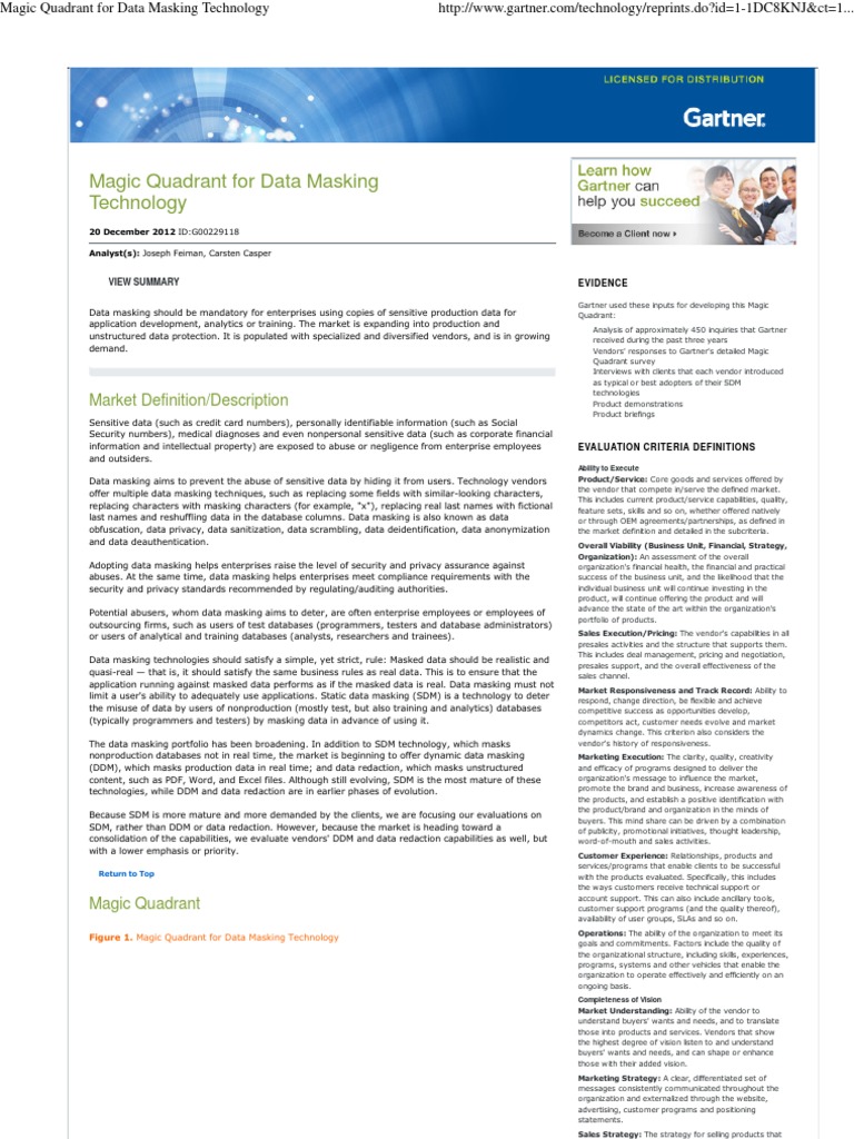 Magic Quadrant For Data Masking Technology | PDF | Oracle Corporation ...