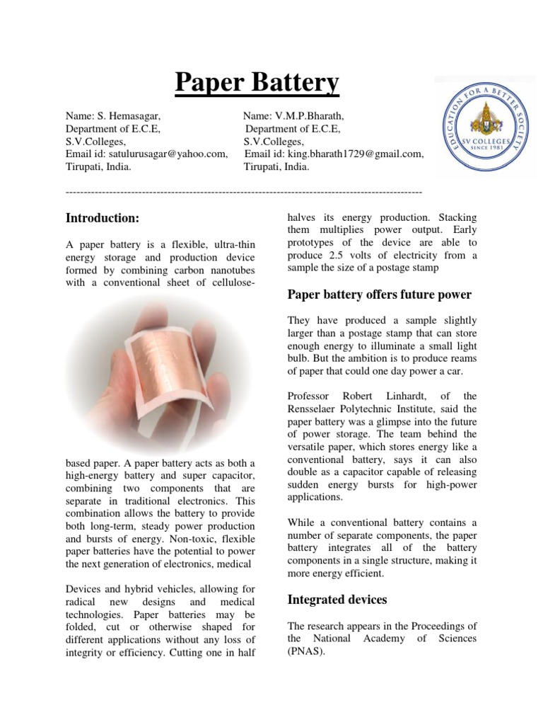 Paper Battery | PDF | Battery (Electricity) | Paper