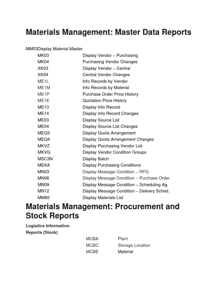 Materials Management Master Data Reports | PDF | Inventory | Invoice