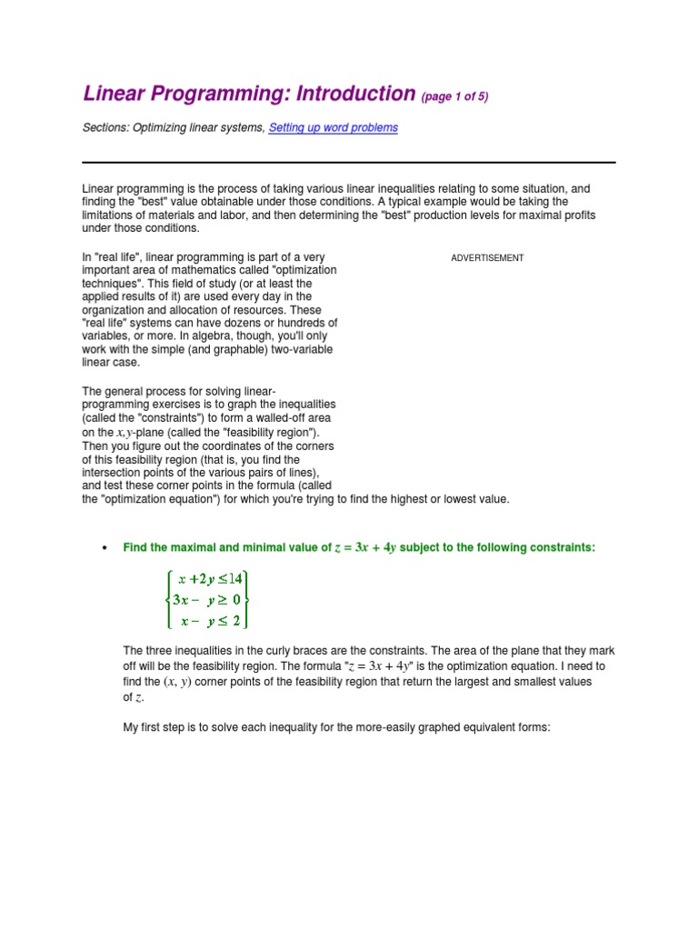 Linear Programming Linear Programming Mathematical Optimization