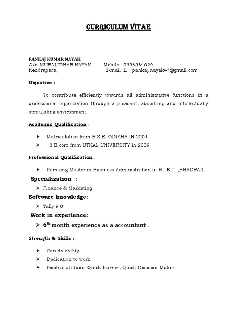 Curriculum Vitae: Pankaj Kumar Nayak | PDF