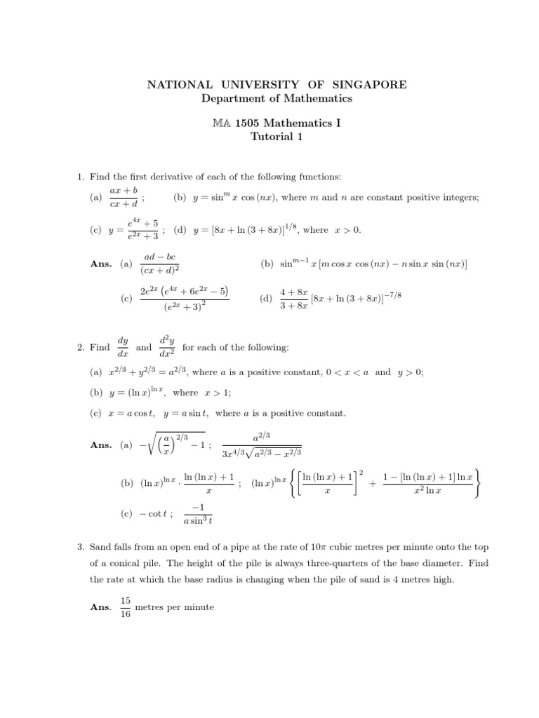 MA1505 12S2 Tut01 | PDF | Square Root | Maxima And Minima