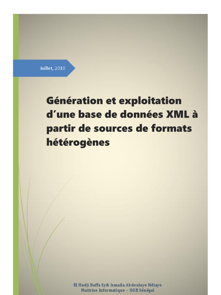 Génération Et Exploitation D'une Base de Données XML À Partir de Sources de Formats Hétérogènes ...