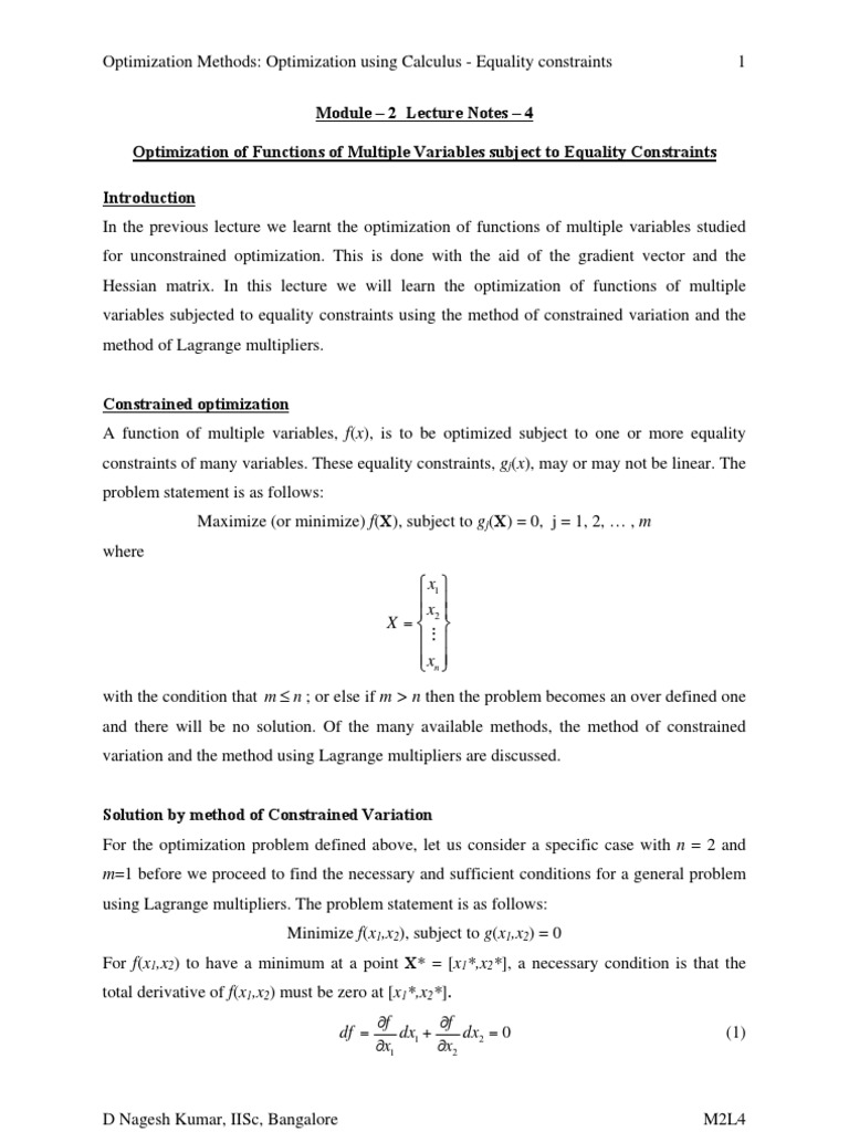 Module 2 Lecture Notes 4 Optimization Of Functions Of Multiple Variables Subject To Equality