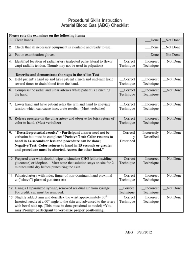 Procedural Skills Instruction Arterial Blood Gas (ABG) Checklist | PDF ...