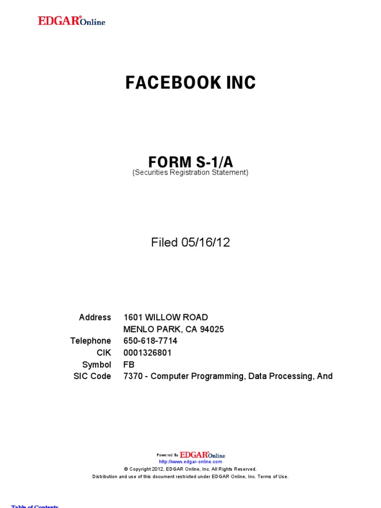 Facebook Ipo Registration Statement | PDF | Stocks | Initial Public ...