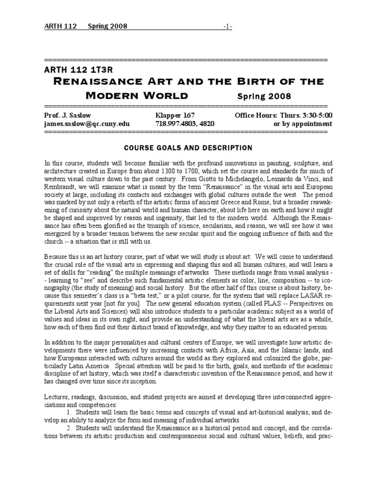 Renaissance Art and The Birth of The Modern World: ARTH 112 1T3R Spring ...