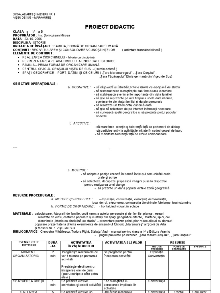 Proiect Didactic Istorie Clasa a IV A